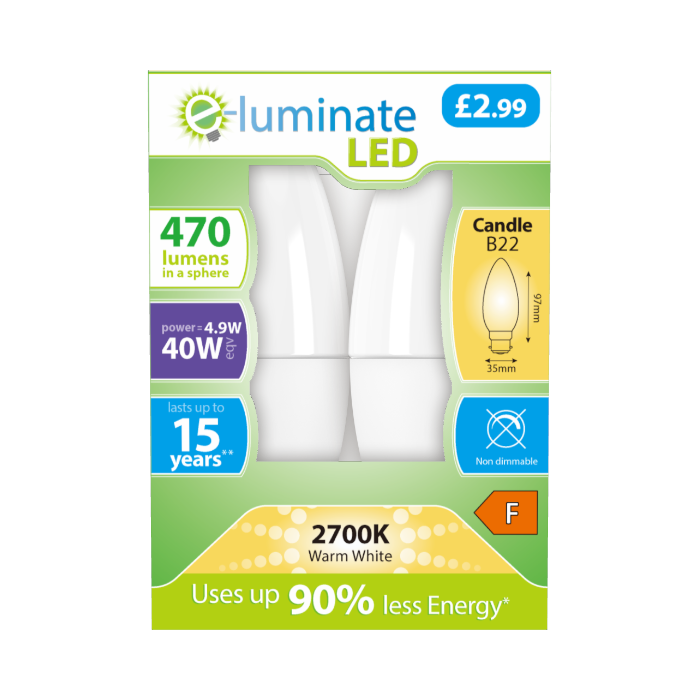 E-Luminate 4.9W B22 Candle LED Bulb - 470lm - 2700K - 2 Pack – LED Hut