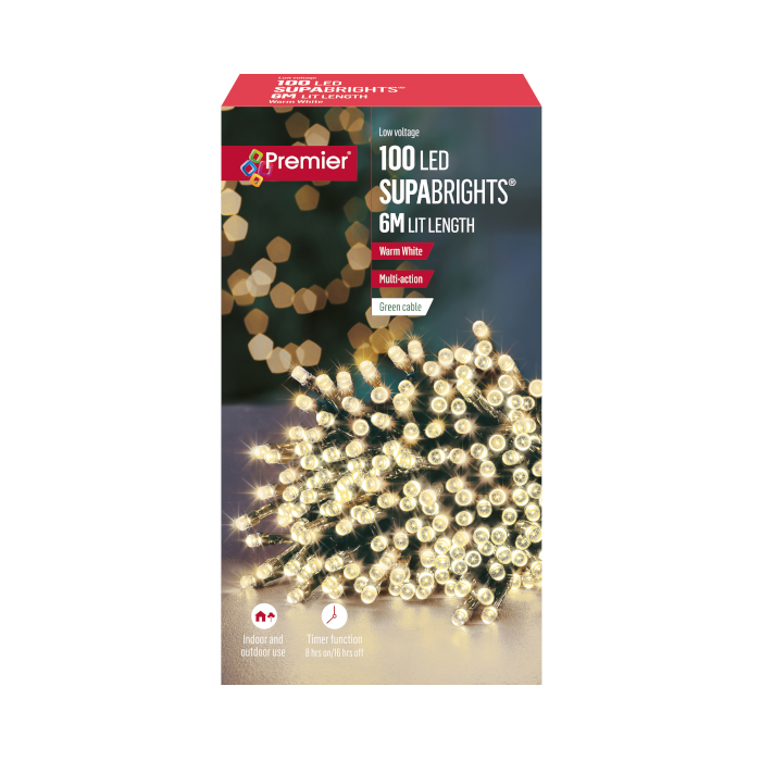 Supabrights 100 LED Christmas Tree Lights With Timer - 6m - Warm White ...